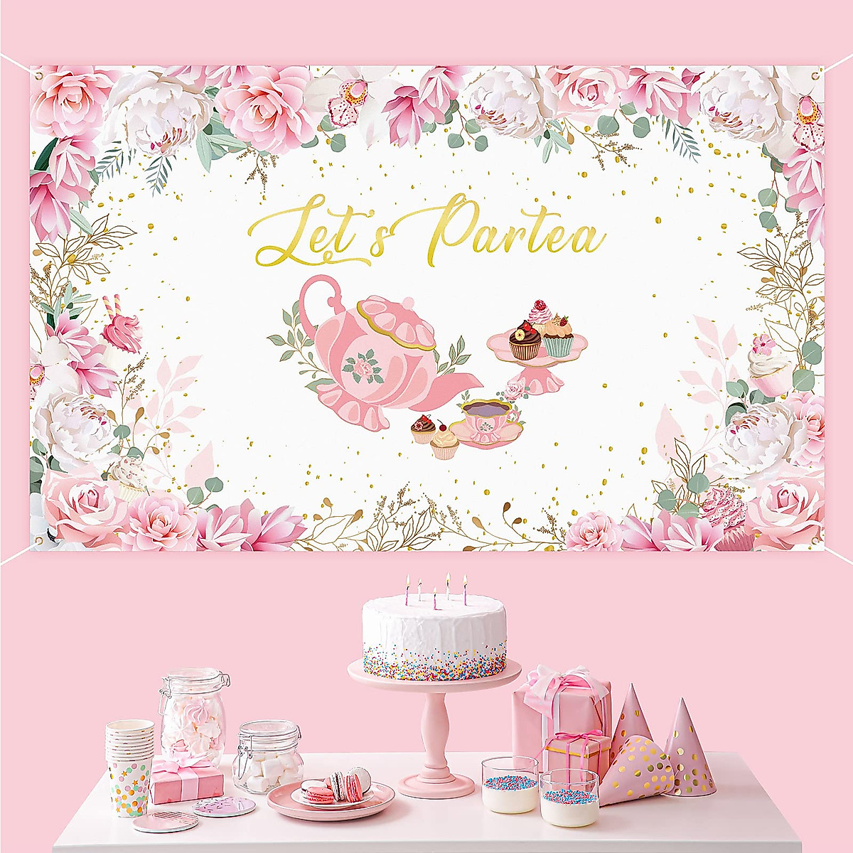 Let's Partea Tea Party Birthday Backdrop Tea Party Banner Decorations Tea Party Picture Background for Baby Shower Birthday Party Decorations Photo Booth (White, 6 x 3.6 ft)