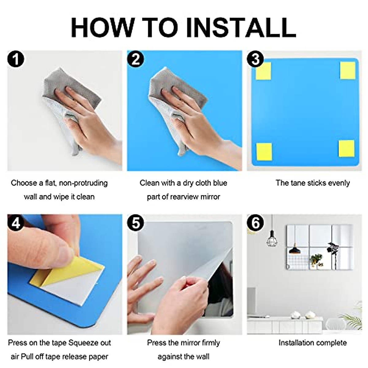 4 Pack Wall Mirror Tiles, 8 x 8 Inch Self Adhesive Acrylic Square Mirror, Flexible Mirror Sheets Wall Stickers Frameless Small Mirrors Set for Bathroom Home Gym