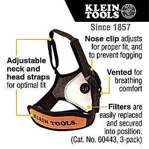 Klein Tools 60442 Face Mask, Reusable with Replaceable Filter, Washable Fabric Anti Pollution Shield Mask, Adjustable Nose Clip