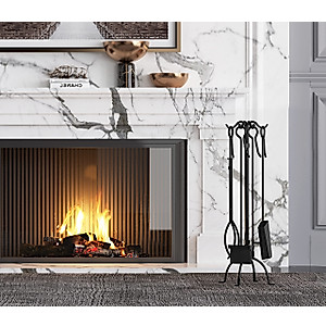 Fire Beauty 5-Piece Fireplace Tools Set, Heavy Duty Wrought Iron Fire Place Toolset, Black