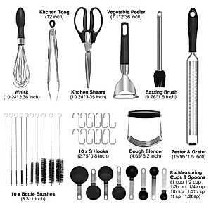 18/8 stainless steel kitchen utensils set, kitchen gadgets cooking tools, kitchen baking and pastry tool set, scissors,Peeler,Zester,Kitchen Tongs,Whisk,Measuring Spoons,Dough Blender,Pastry Brush