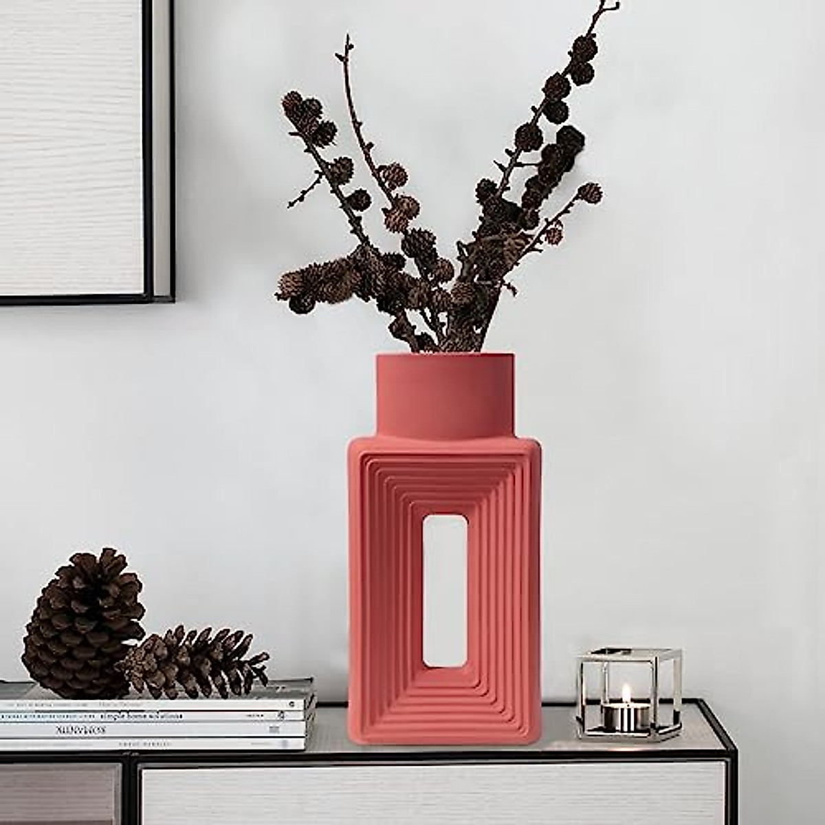 Ceramic Vase Set of 2，Square Vase Rustic Home Decor Minimalist Nordic Boho Style for Living Room, Shelf, Table, Bookshelf, Mantel and Entryway Decor Vases