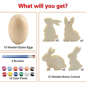 Easter Egg Painting Kit, 24pcs Wooden Eggs and Bunny for Crafts Easter Basket Stuffers Gifts Easter Crafts for Kids Toddlers Boys Girls Ages 4-8 8-12 Birthday Party Favors Classroom Prizes DIY Decor