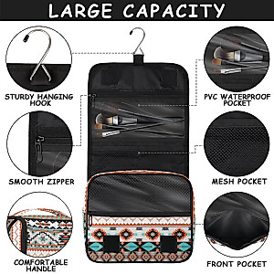 YPPAHHHH Ethnic Aztec Hanging Toiletry Bag,Geometric Travel Cosmetic Bag Makeup Organizer Case Pouch Portable Wash Bag with Hook for Women Girls Men