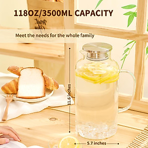 Hannadepot Glass Pitcher, 3.5L/118 oz Glass Water Pitcher with Lid and Spout, Heat/Cold Resistant Borosilicate Glass Water Carafe for Coffee, Juice and Homemade Beverage, with Long Cleaning Brush