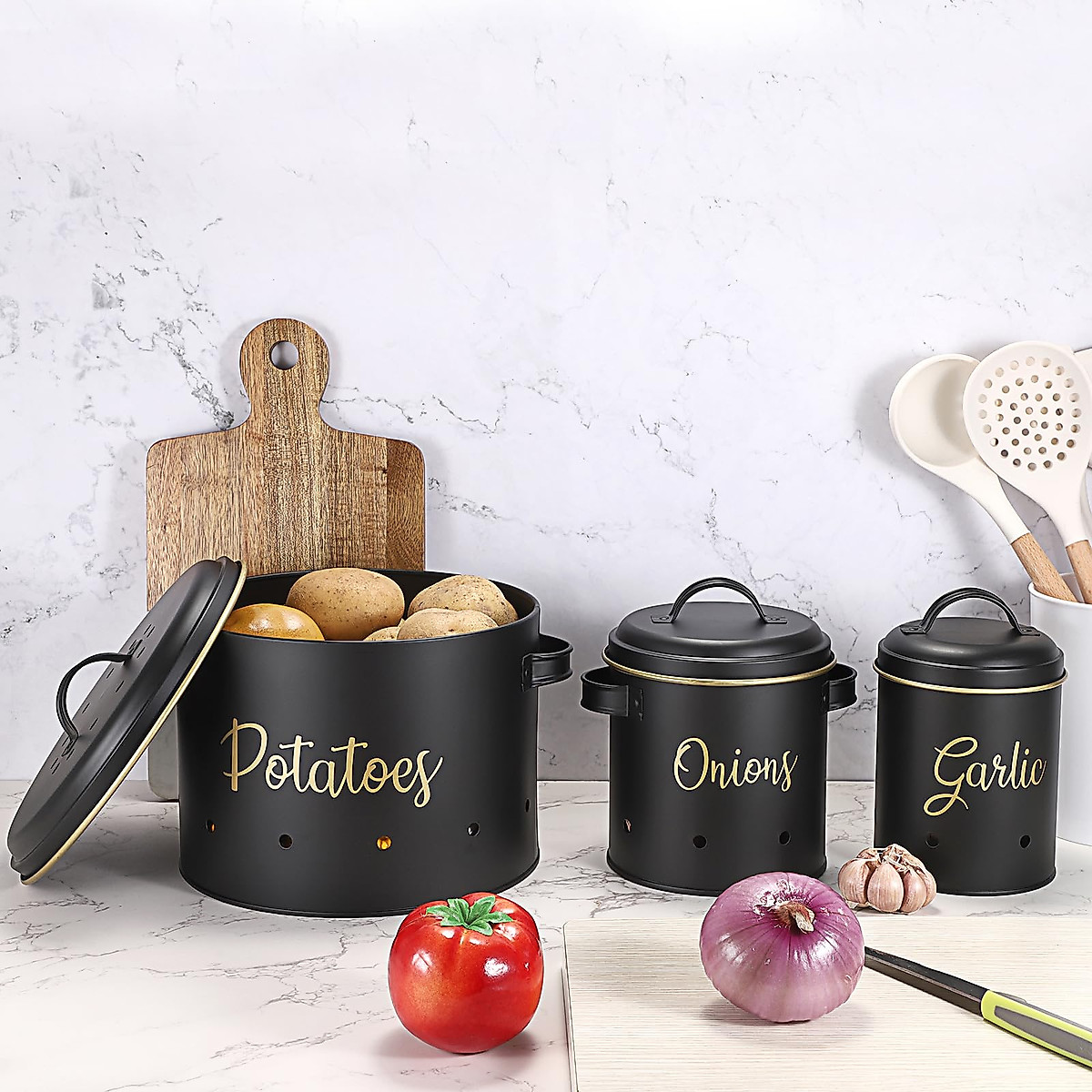 OwnMy Set of 3 Potato Onion Garlic Storage Bins Vegetable Containers Food Containers for Kitchen Counter, Potato Onion Storage Containers for Pantry Garlic Storage Jars Vegetable Canisters Set, Black