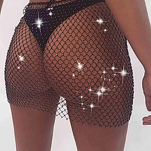 EVILD Women Mesh Rhinestone Body Chain Glitter Elastic Belly Skirt Sparkly Party Waist Chain Statement Belly Chain