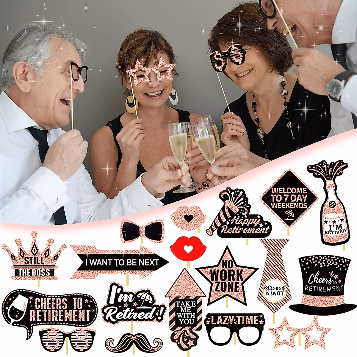 Happy Retirement Party Decorations women - (80pack) rose gold party Banner, Pennant,Hanging Swirl,birthday balloons,Foil Backdrops,Tablecloths,cupcake Topper,Crown, plates,Photo Props,retired Sash