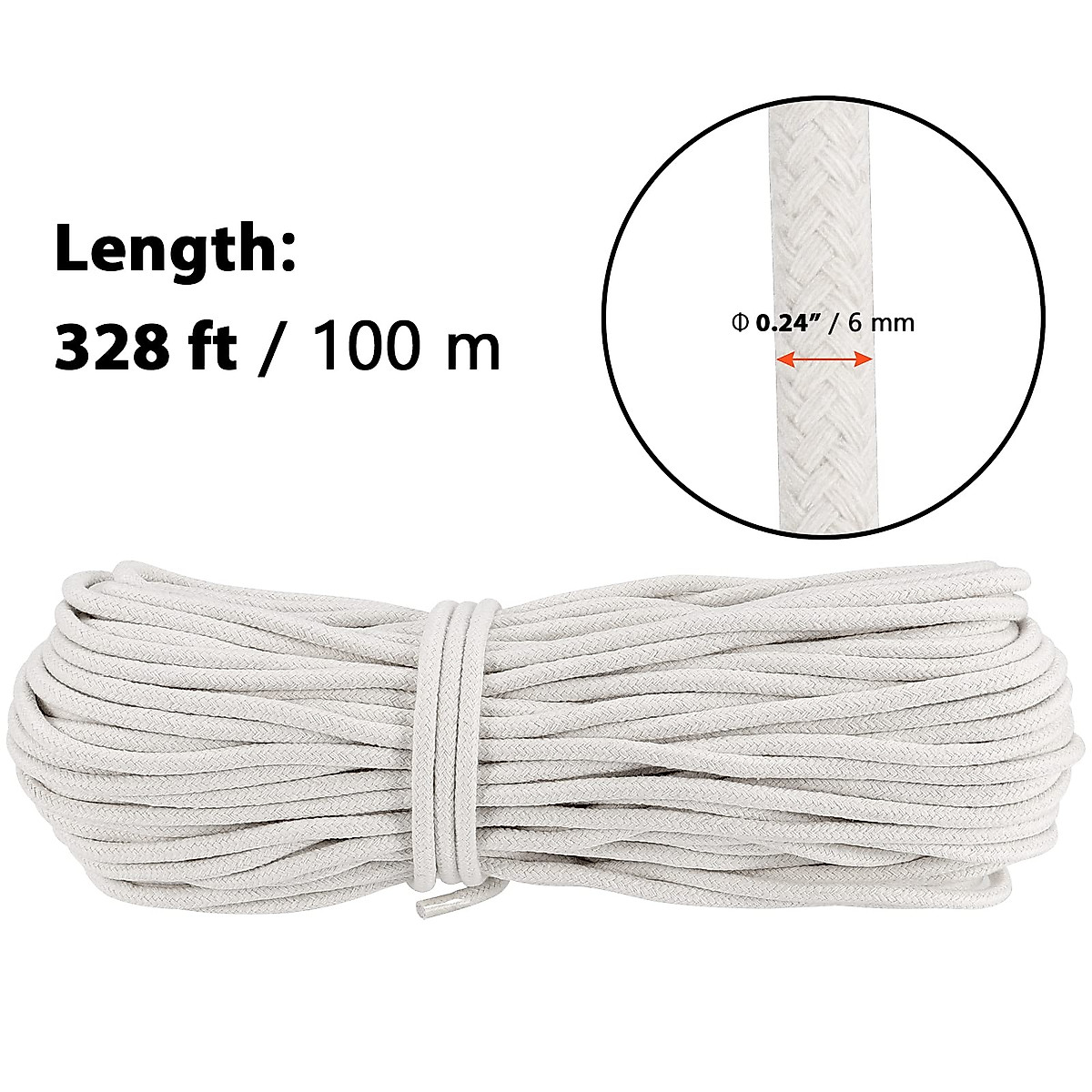 SINJEUN 1/4 Inch White Natural Cotton Rope, 328 Ft Cotton Clothesline with 2 Snap Hooks, All Purpose Braided Cotton Rope for Clothes Hanger Garden Flower, Craft Knitting Thread String