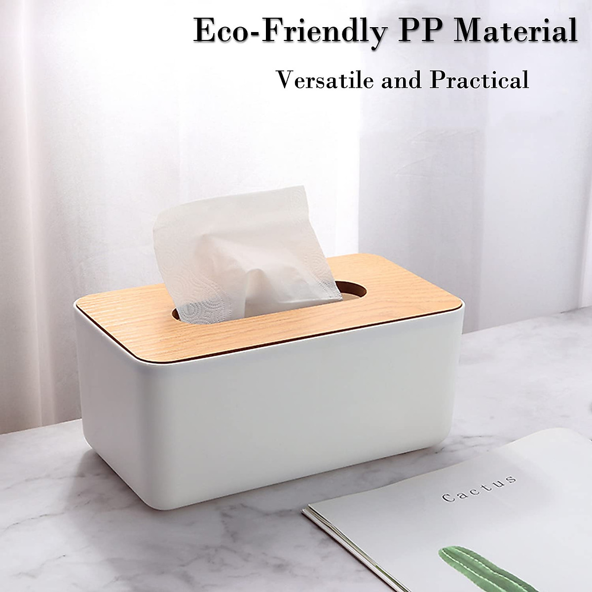 Bamboo Tissue Box Cover, Rectangular Tissue Box Holder for Bathroom Vanity, Countertop, Bedroom Dresser, Bedside Table, Desk,Disposable Paper Facial Tissues Tissue Box White