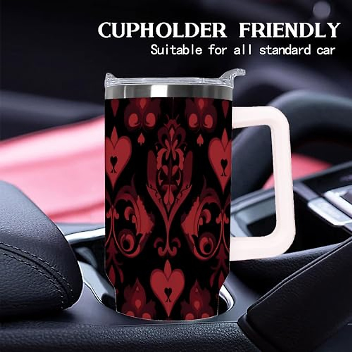 FOCIUZTA 40oz Deep Red Ornate Heart Pattern Tumbler with Lid, Travel Coffee Cup, Ideal for Easter, Gaming Enthusiast, Mother Day, and Birthday Gifts