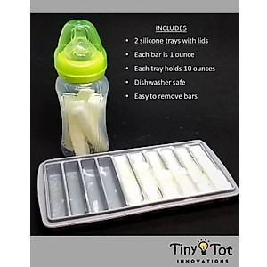 Breast Milk Freezer Storage Trays, 10-1oz Bars, 2 Silicone Tray Containers w/Leak Resistant Lids, Food Grade Silicone (Milk Trays)