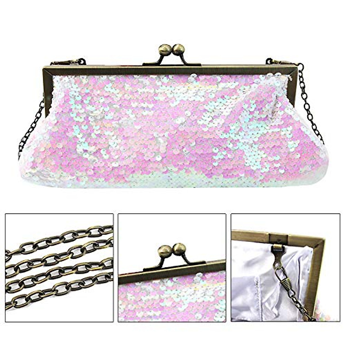 Felice Ann Glitter Mermaid Kissing Lock Sequin Evening Clutch Prom Party Handbag Chain Strap Crossbody Bag White