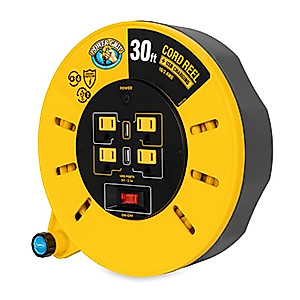 Camco Power Grip 30-Foot Extension Cord Reel with USB Charging Ports | Provides an Extended Length to Power Your Equipment and Devices | Features Multiple Built-in Power Outlets (55290)