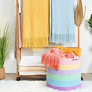 MINTWOOD Design 15 x 14.2 Inches Woven Cotton Rope Storage Basket, Stuffed Toy Basket Bin, Laundry Basket Hamper, Nursery Basket, Dog Toy Basket, Blanket Basket, Gift Basket, Pastel Rainbow