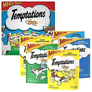 TEMPTATIONS Classic Crunchy and Soft Cat Treats Mega Pack, (5) 6.3 oz. Pouches