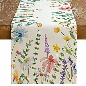 GEEORY Spring Table Runner 13x108 Inch Watercolor Wild Flower Farmhouse Rustic Holiday Kitchen Dining Table Decoration for Indoor Outdoor Dinner Party Décor GT004