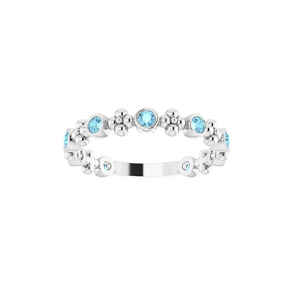 Solid 925 Sterling Silver Aquamarine Beaded Ring Band (Width = 3mm) - Size 6.5