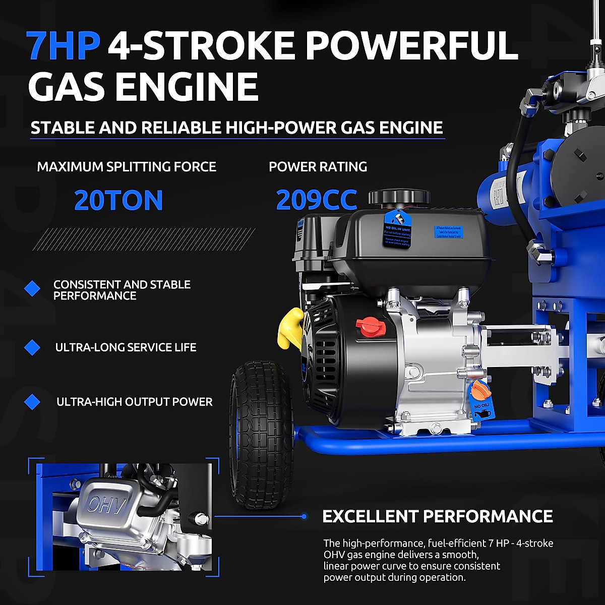 EFURDEN Portable Gas Log Splitter with 7 HP-4 Stroke Engine, 20-ton Hydraulic auto-Return ram System and Twin Gear Hydraulic Pump, Horizontal Full Beam Steel Wedge firewood Splitter