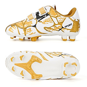 Linkidea Kids FG Soccer Shoes No Laces, Laceless Firm Ground Soccer Cleats for Unisex-Child, Kids Lace Less Soccer Shoes for Grass Field (Gold/White)