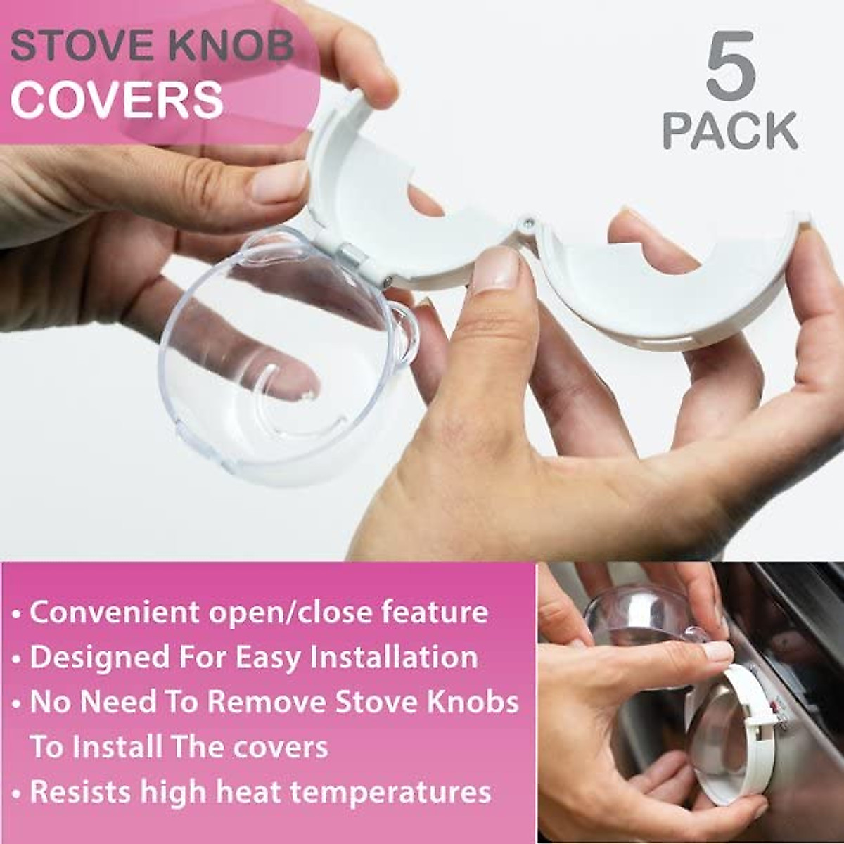 COZYCUDDLES Stove Knob Covers Protector Kit with Adhesive Tapes - Easy to Use Covers for Gas Stoves - Child Safety Guards for Baby and Toddler Proofing - 5 Pieces (Standard Size Stove Knobs)