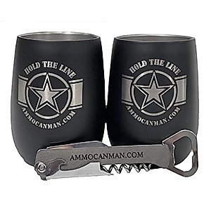 (1) 30 Cal Grade 1 Military Ammo Can (Used) - (2) Laser Engraved, “Hold The Line” Insulated Wine Tumblers - (1) Laser Engraved, Corkscrew/Multi-Tool