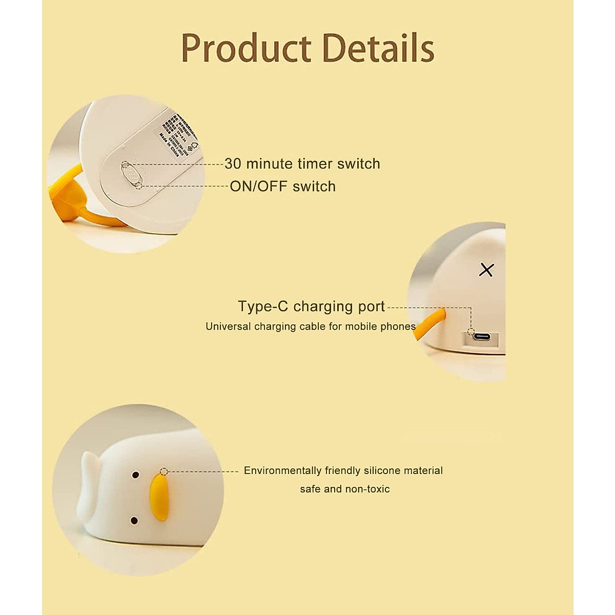 Zendure LED Lying Flat Duck Night Light, Cute Light Up Duck, Silicone Dimmable Nightlight, Rechargeable Bedside Touch Lamp for Breastfeeding Toddler Baby Kids Room Decor Gift