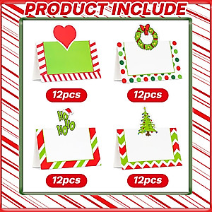 Affrolling 48 Pcs Christmas Place Cards for Table Green Elf Christmas Table Name Cards Green Christmas Elf Place Cards Tented Folded Dinner Name Tag for Birthday Holiday Party