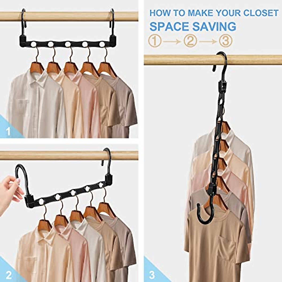 24 Pack Hangers Space Saving Magic Sturdy Space Saver Storage Smart Plastic Clothes Hanger Organizer for Closet Wardrobe Apartment College Dorm Room Essentials, Black