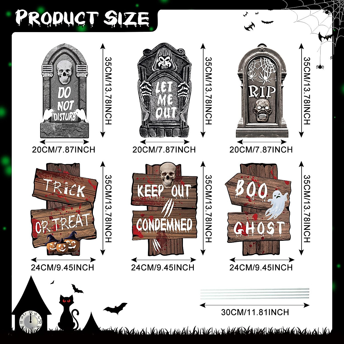 KORHONEN Halloween Tombstone Yard Sign Decorations, 6Pcs Glow in the Dark Halloween Decorations with Gravestone RIP and Beware Sign, Halloween Props for Yard Garden Outdoor Halloween Party Decor