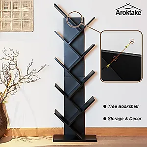 Aroktake Bookshelf, 9-Tier Black Tree Bookshelf, Anti-Tippling Wooden Bookshelves Storage Rack for Home Office, Living Room, Bedroom, Black