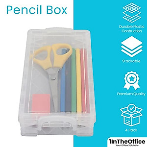 1InTheOffice Pencil Box, Stackable Translucent Clear 8.25 x 1.5 x 4 Inches, (4 Pack)