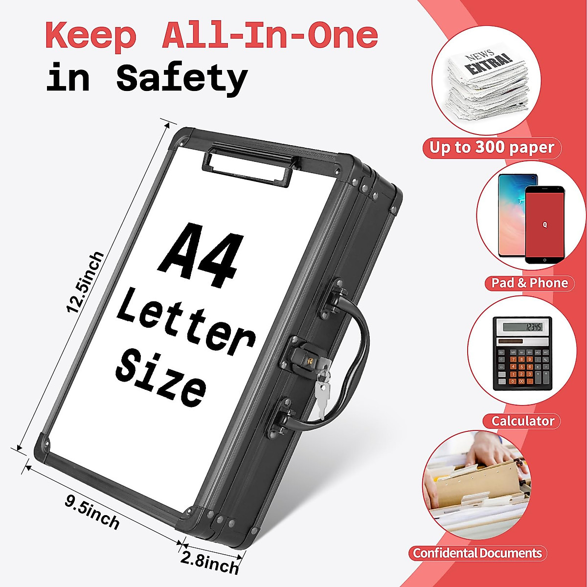 Sooez Locking Clipboard Storage Box, Heavy Duty Clipboard with Storage, Aluminum Locking Briefcase with Handle, Combination Lock Box Maximum Security, Large Capacity for 400 Paper Sheets & Tablet
