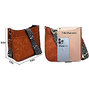 HAIBOLAN Shoulder Bag for Women Leopard Adjustable Guitar Strap Crossbody Purse Vegan Leather Bucket Handbags (A-Brown)