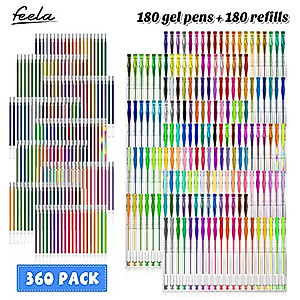 feela 360 Colors Gel Pens Set 180 Unique Gel Pen Plus 180 Refills for Adult Coloring Books Drawing