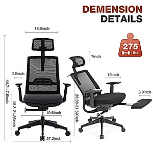 Home Office Desk Chair Ergonomic High Back Office Chair Mesh Office Chair Reclining Computer Chair Swivel Rolling Task Chair with Wheets, Coat Hanger and Adjustable Headrest Armrest, Black