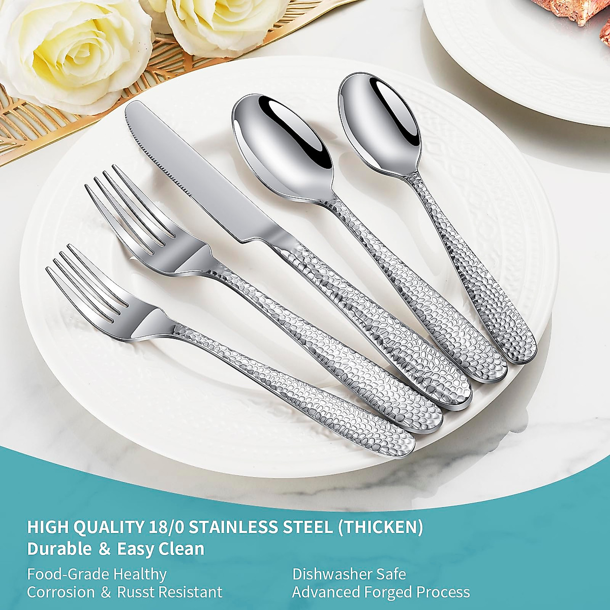 20-Piece Silverware Set, Hammered Stainless Steel Flatware Set, Heavy Duty Cutlery Set Service for 4, Mirror Polished, Smooth Edges, Utensil Set for Home and Restaurant, Dishwasher Safe