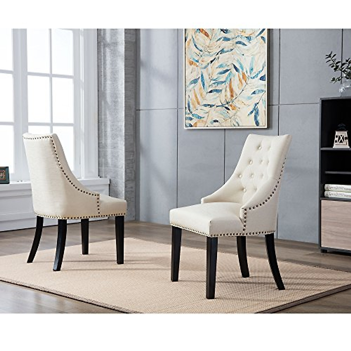 DAGONHIL Fabric Dining Chairs Set of 2 Tufted Dining Room Chairs Upholstered Kitchen Chairs, Accent Chairs with Black Solid Wood Legs, Nailed Trim (Beige)
