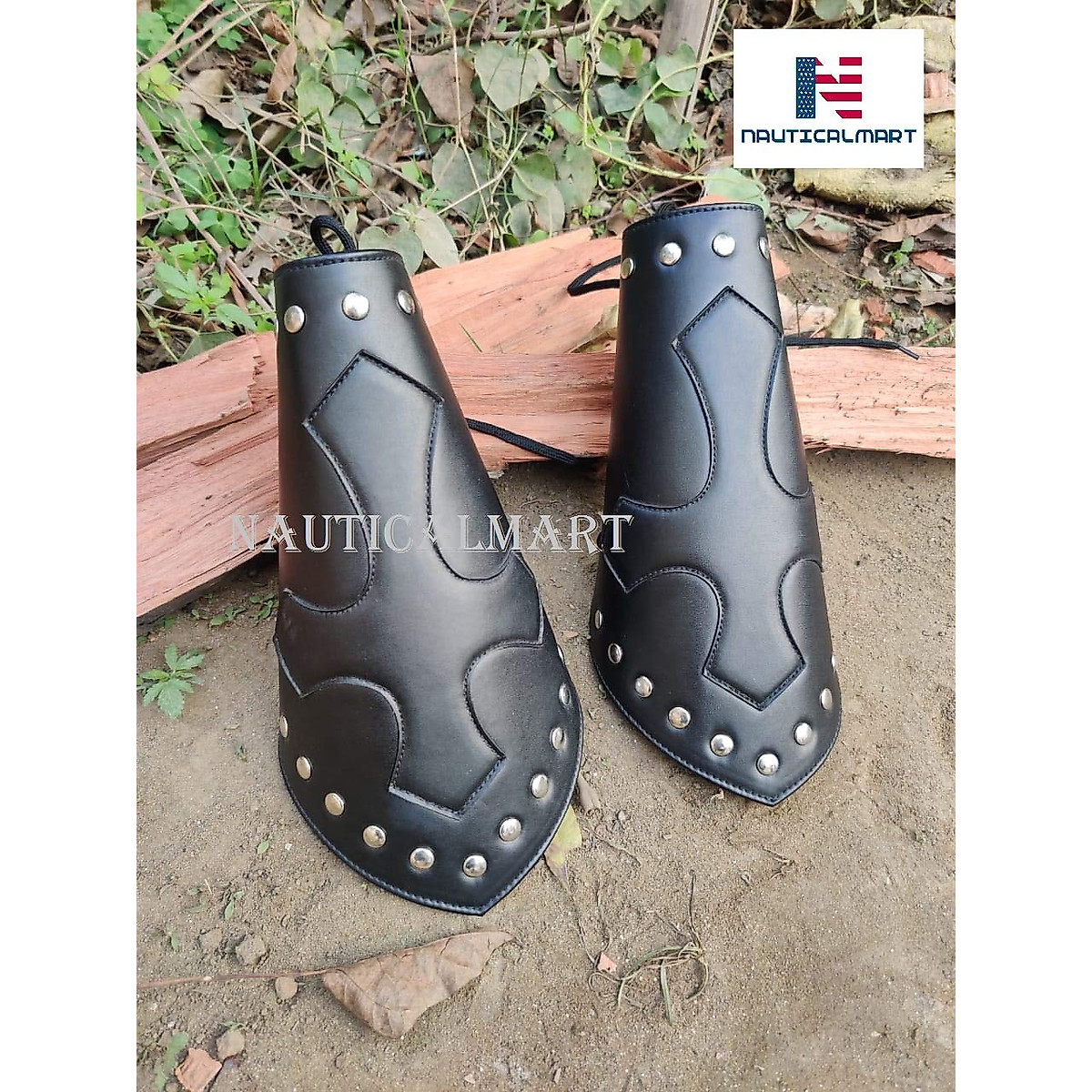 Leather Arm Guards - Medieval Cross Bracers - Black