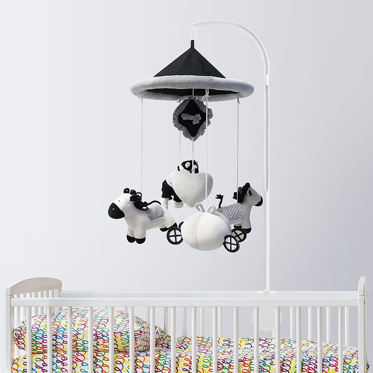 Neutral Baby Mobile,White Horse Musical Baby Crib Mobile,Baby Mobile for Crib,Crib Toys with Music,Handmade Nursery Mobile for Baby Room Decor（Black-White Horse）