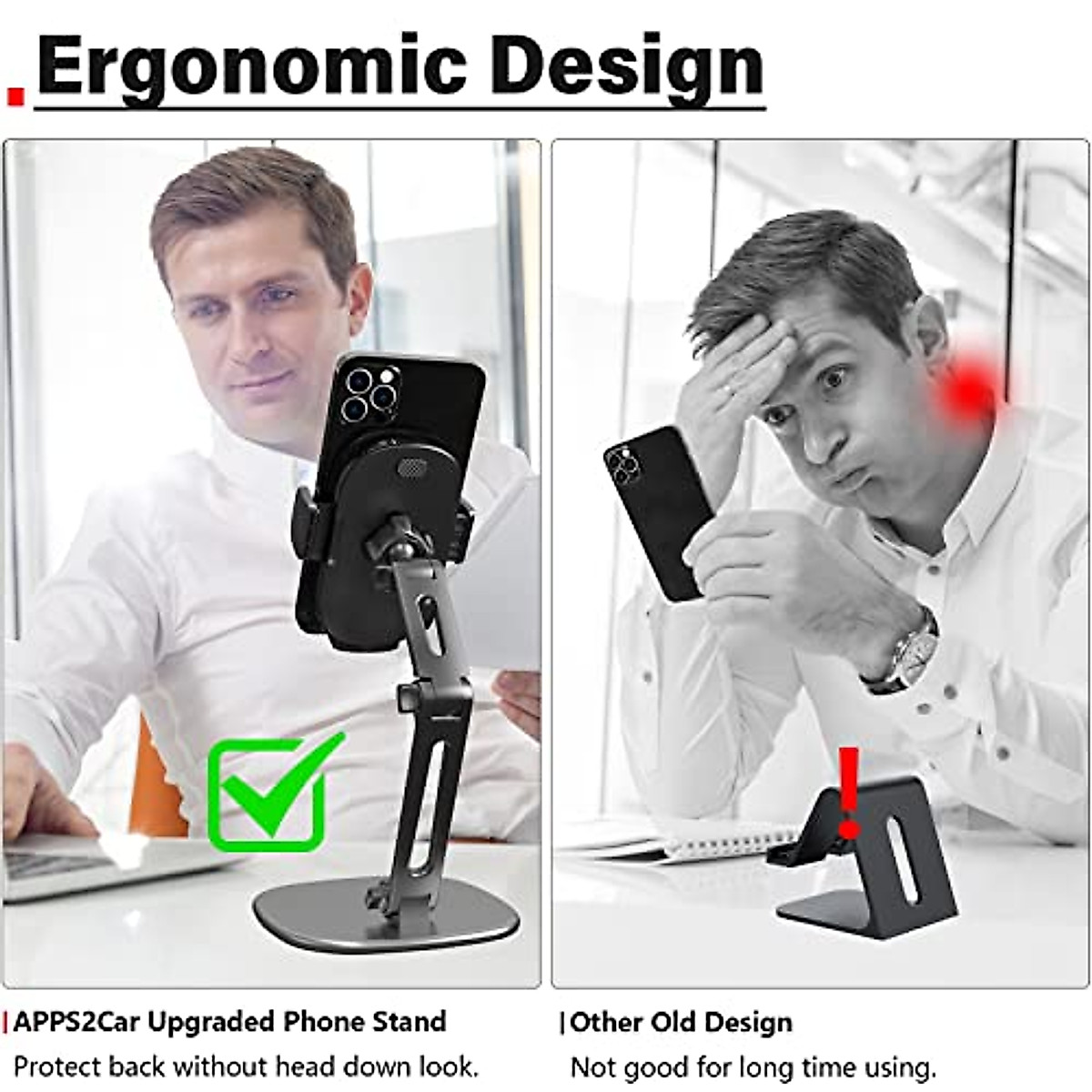 Phone Stand for Desk [No Dropping Stable Triple-Clamp Holder] Adjustable Height 360 Degree Rotation Heavy Base Thick Case Friendly, APPS2Car Multifunctional Cell Phones Stand for iPhone Android Phones