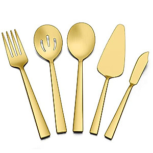 Gold Serving Utensil Set of 5, E-far Metal Matte Golden Catering Serving Utensils, Stainless Steel Square Edge Hostess Serving Set for Buffet Party Kitchen Restaurant, Non-toxic & Dishwasher Safe