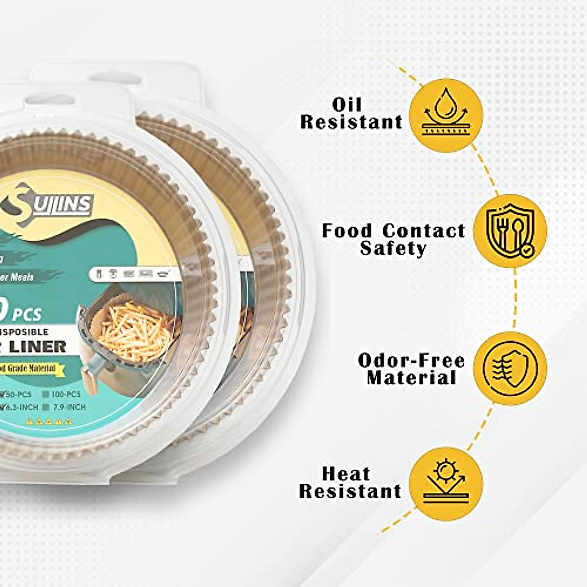 SULLINS 50 Pcs Air Fryer Liners, Disposable Paper Liner for 2.7 to 4.5 Qt Basket, 6.3-inches Air Fryer Parchment Paper for Air Fryer Basket, Unbleached, Non-stick, Oil-proof Round Air Fryer Liners