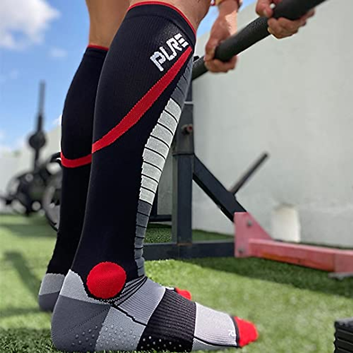 Pure Athlete Lifting Socks- Weightlifting Shin Guards, Deadlift Protector Compression Sock for Cross Training & Weightlift (Black/Grey, Large)