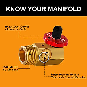 2 Pack Air Tank Manifold with Fill Port,SUNROAD Aluminum Knob,Safety Valve and Relief Bypass 1/2" NPT Tank x 1/4" NPT Hose x 1/8" NPT Gauge for Air Compressor Portable Tank