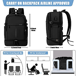 ZOMFELT Travel Backpack for Women Men,Carry On Backpack Airline Approved with Shoes Compartment, 15.6 Inch Laptop Backpack with USB Port,Waterproof Hiking Backpack Casual Daypack for College, Black