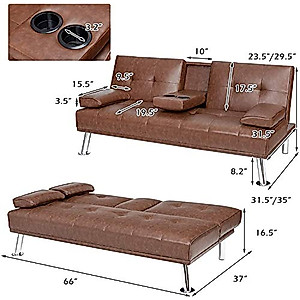 ARLIME Convertible Futon Sofa Bed, Faux Leather Sofa Sleeper W/Adjustable Backrest, Folding Cup Holder, Removable Armrests, Steel Leg, Modern Style Sofa Bed for Livingroom, Office, Apartment (Brown)