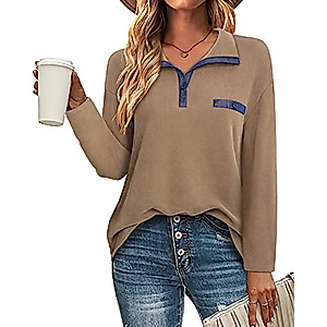 VAFOLY Fall Sweaters for Women 2022 Trendy Long Sleeve Henley Sweatshirts for Ladies Button V Neck Tunic Tops Casual Loose Patchwork Pullover Sweatshirts Fleece V Neck Shirts Mocha Large