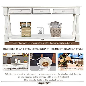 Goohome 64" Long Extra-Thick Console Table Sofa Table with 3 Drawers and Bottom Shelf, Open Countertop, Retro Mediterranean Style Solid Wood Accent Entryway Table for Hallway Living Room