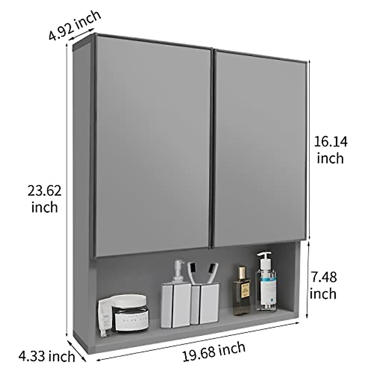 YEPOTUE Bathroom Wall Medicine Cabinet with Double Doors Space 23.6" 19.6" Aluminum Storage, Water, and Rust Resistant, Recess or Surface Mount for Bathroom, Kitchen, Bedroom-Grey